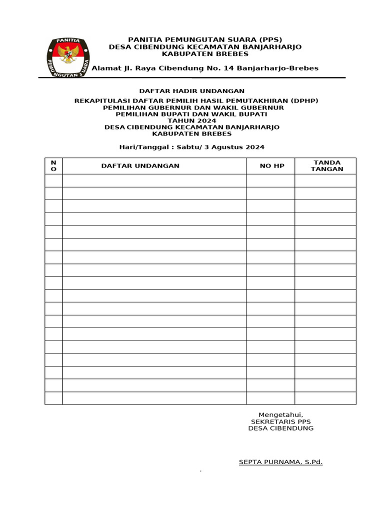 Daftar Hadir Rapat Pleno DPHP | PDF