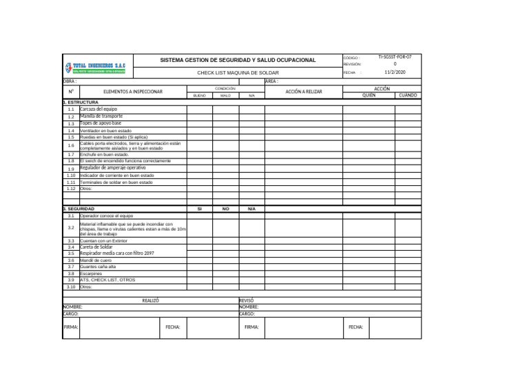 Ti-Sgsst-For-07 Check List Maquina de Soldar | PDF Ti-Sgsst-For-07 Check List Maquina de Soldar | PDF