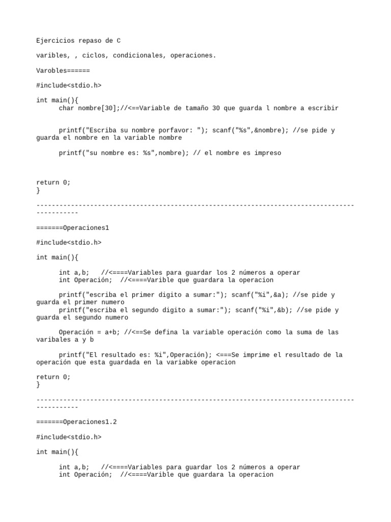 Ejercicios Repaso de C | PDF | C (lenguaje de programación) | Notación