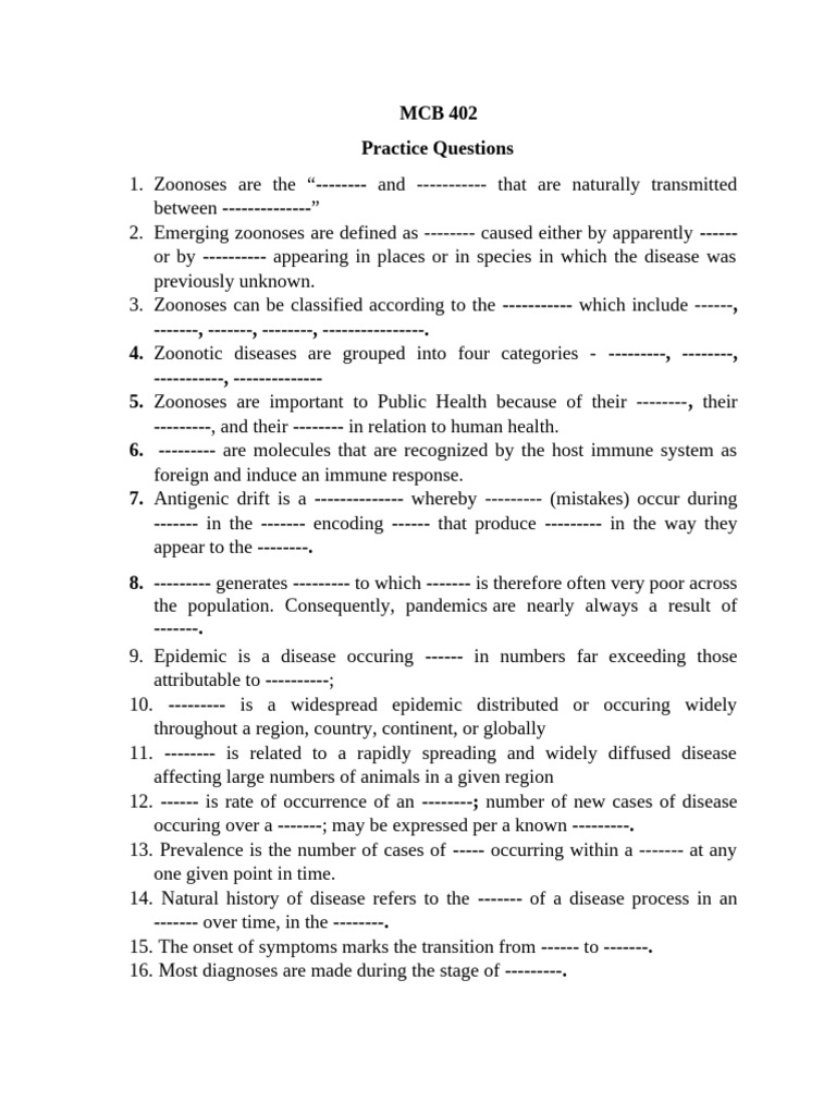 Practice Questions Mcb 402 Pdf Epidemics Infection