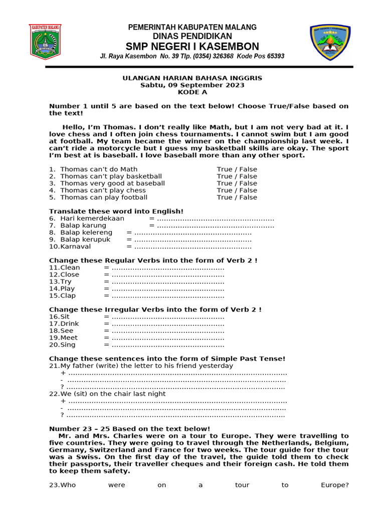 Uh 1 Bing Kelas 8 Kode A | PDF