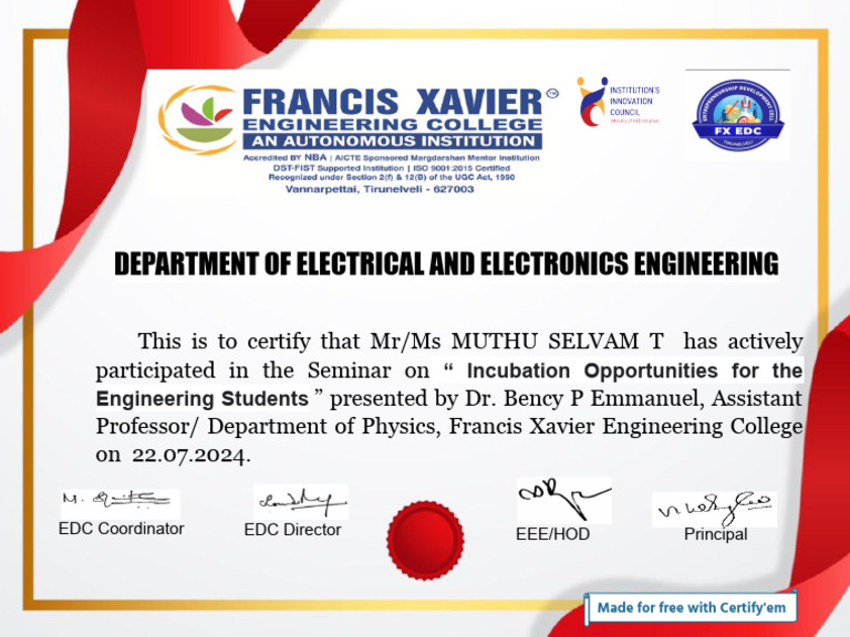 Certificate For MUTHU SELVAM T For - Feedback For - Title - Incu... | PDF