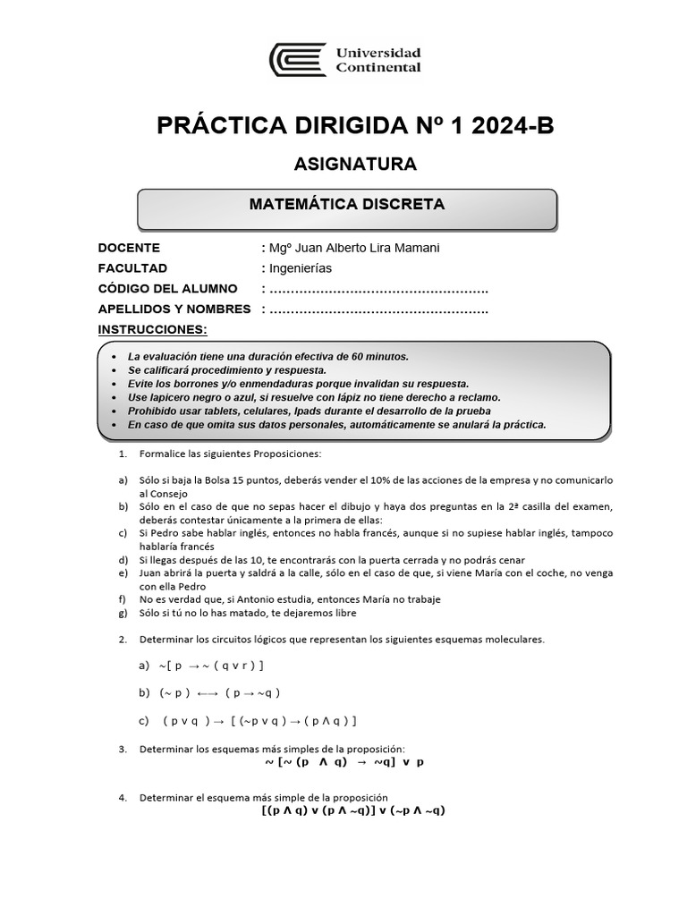 Práctica Dirigida #1 Matemática Discreta 2024-20 | PDF