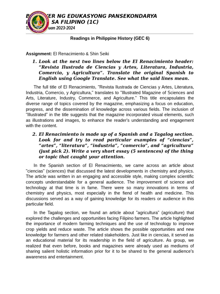 GEC 6 - Assignment El Renacimiento & Shin Seiki | PDF