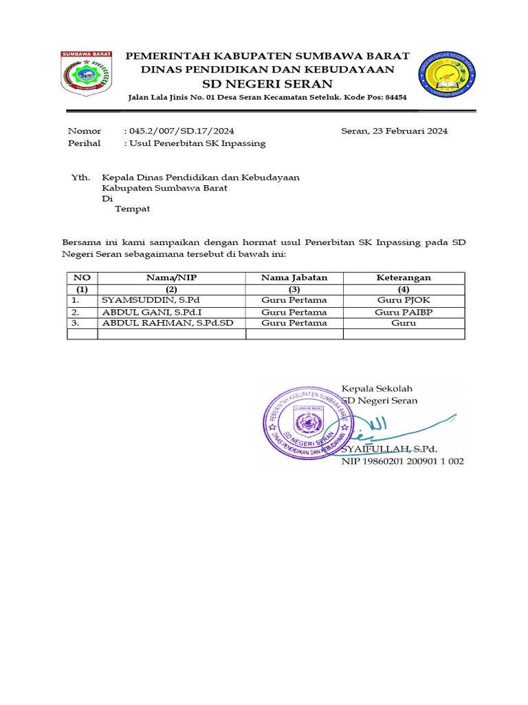 Contoh Surat Pengantar SK Inpassing | PDF