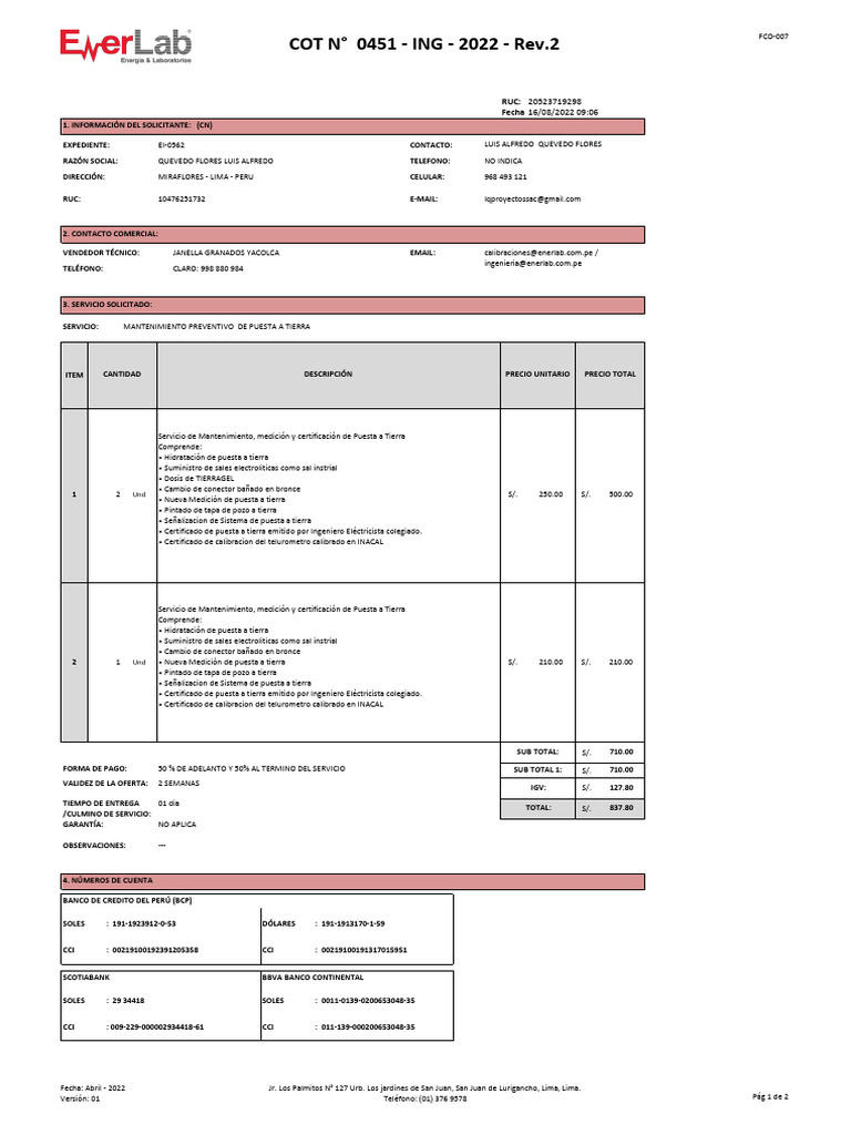 Cotizacion 0451-Ing-2022 Rev.2 | PDF