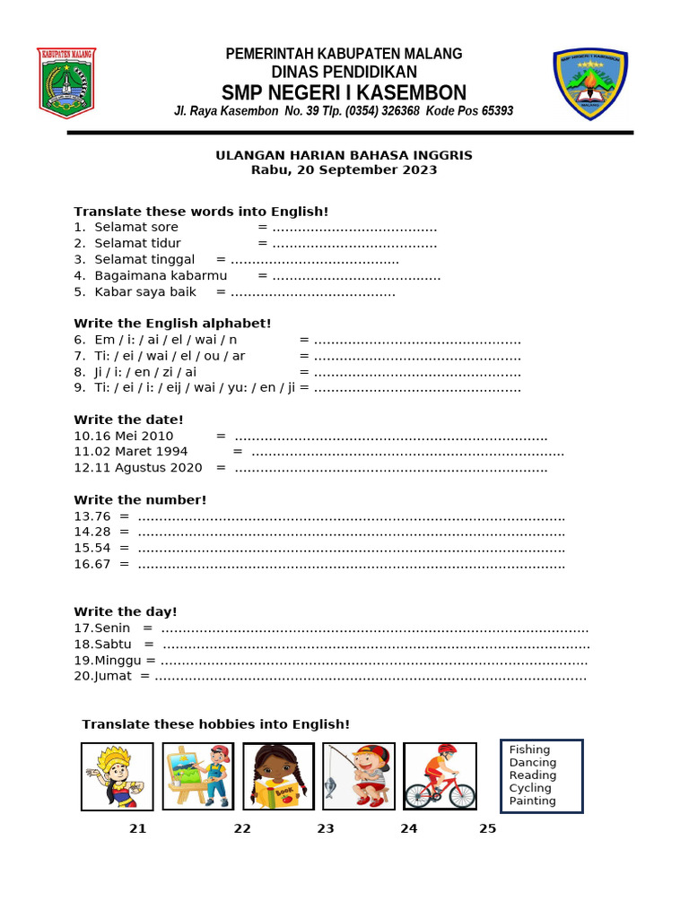 Uh 1 Bing Kelas 7 Kode A | PDF