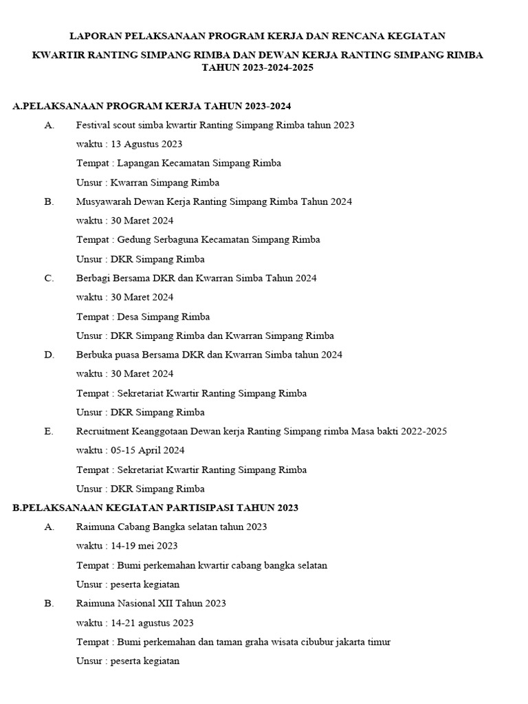 LAPORAN PELAKSANAAN PROGRAM KERJA DAN RENCANA KEGIATAN DKR Simba | PDF