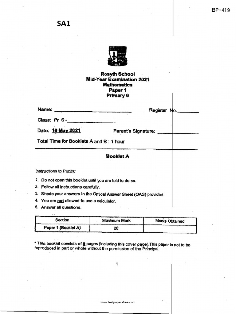 P6 Maths 2021 SA1 Rosyth | PDF