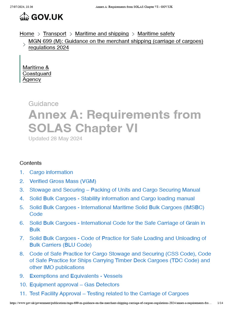 Annex A - Requirements From SOLAS Chapter VI - GOV - UK | PDF | Cargo ...