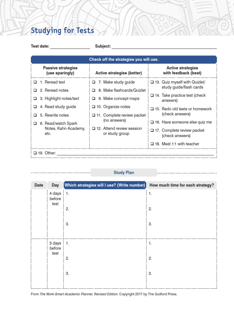 Work Smart - Studying For Tests Planner | PDF