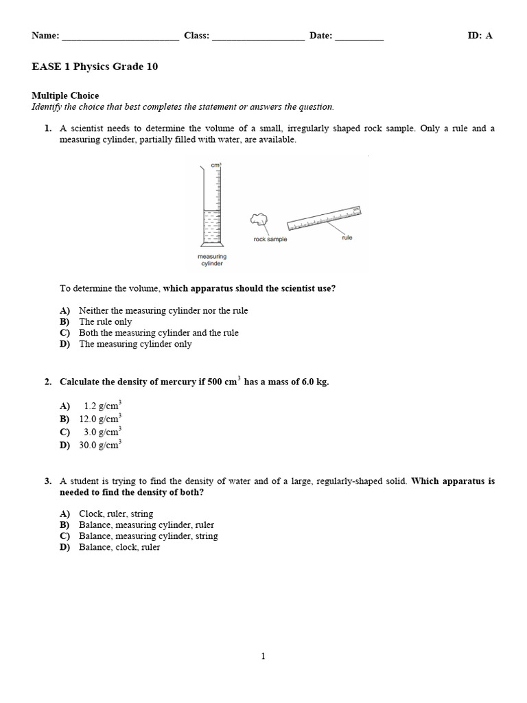 EASE 1 Physics Grade 10 | PDF