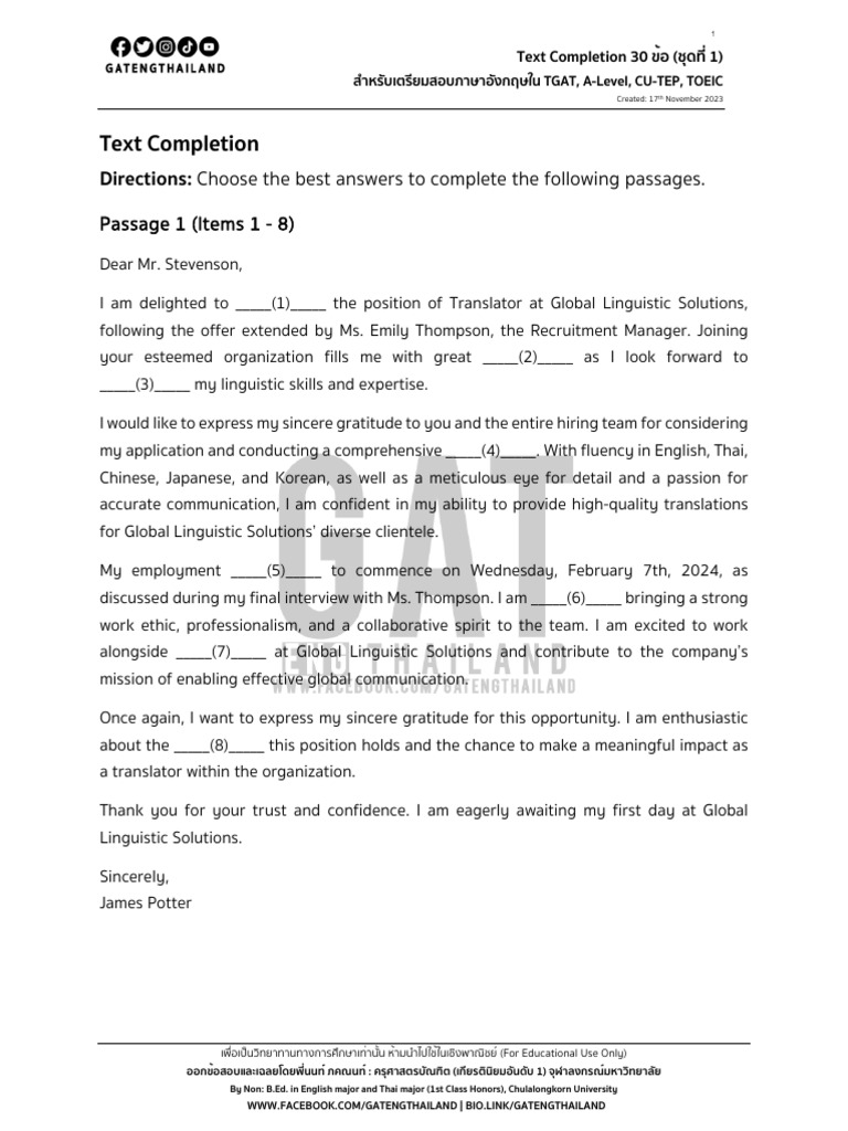 Text Completion 8 Items 1 | PDF