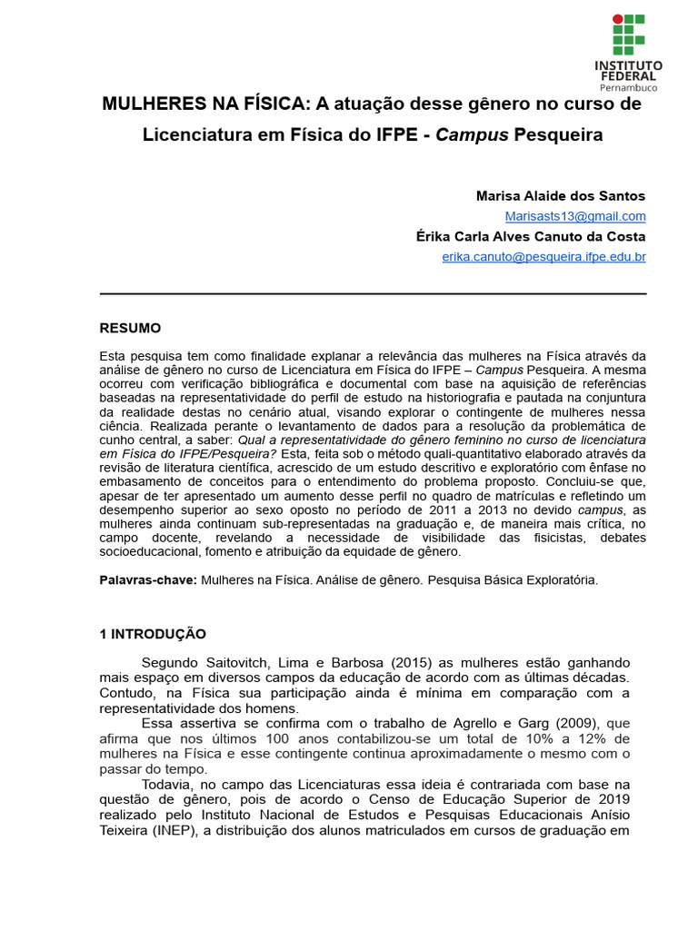 Mulheres Na Física - A Atuação Desse Gênero No Curso de Licenciatura em ...