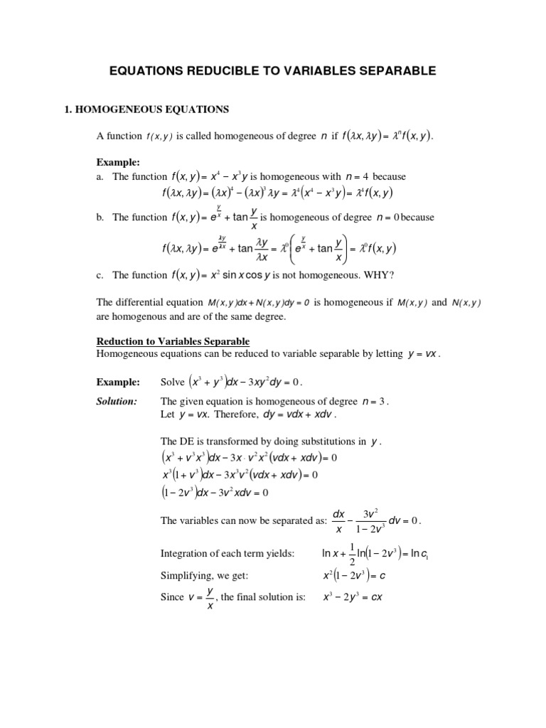 Reducing Homogeneous Equations to Separable | PDF | System Of Linear ...