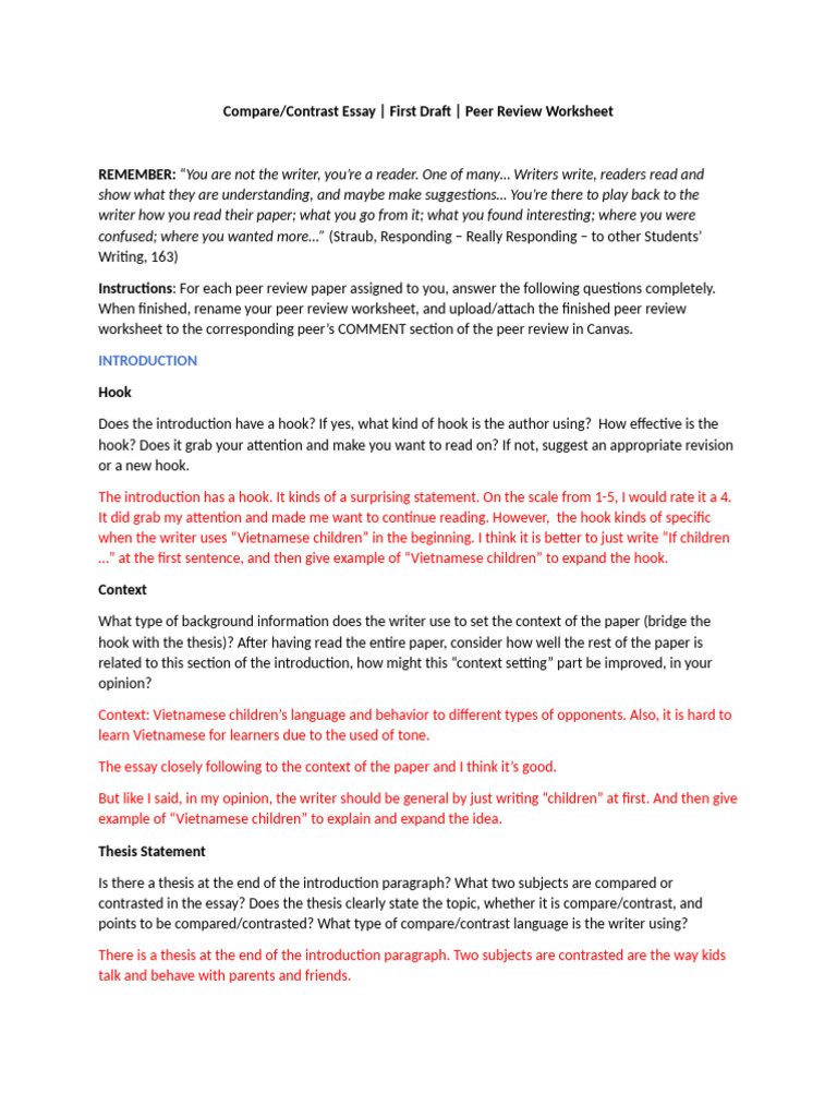 Thanh Tri - Peer Review Worksheet - Compare Contrast Essay - First ...
