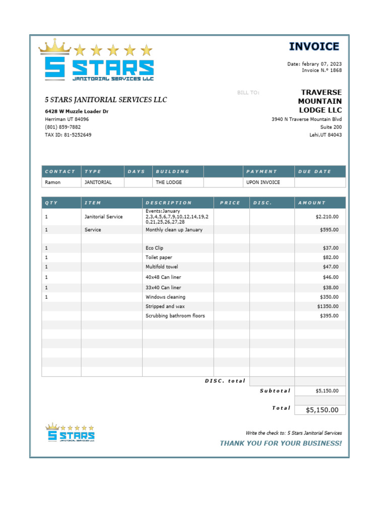 5 Stars Invoice 1868 - Lodge | PDF