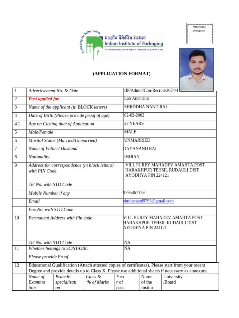 Lab Attendant Application Form 2024 | PDF