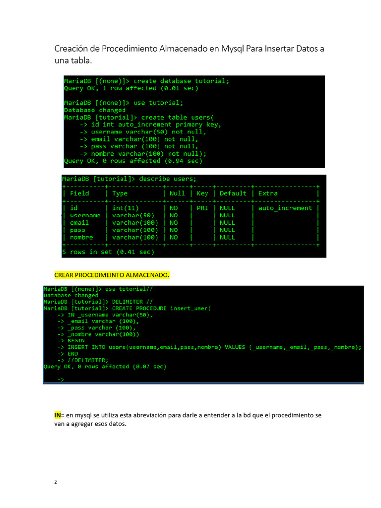 Creación de Procedimiento Almacenado en Mysql para Insertar Datos A Una Tabla | PDF