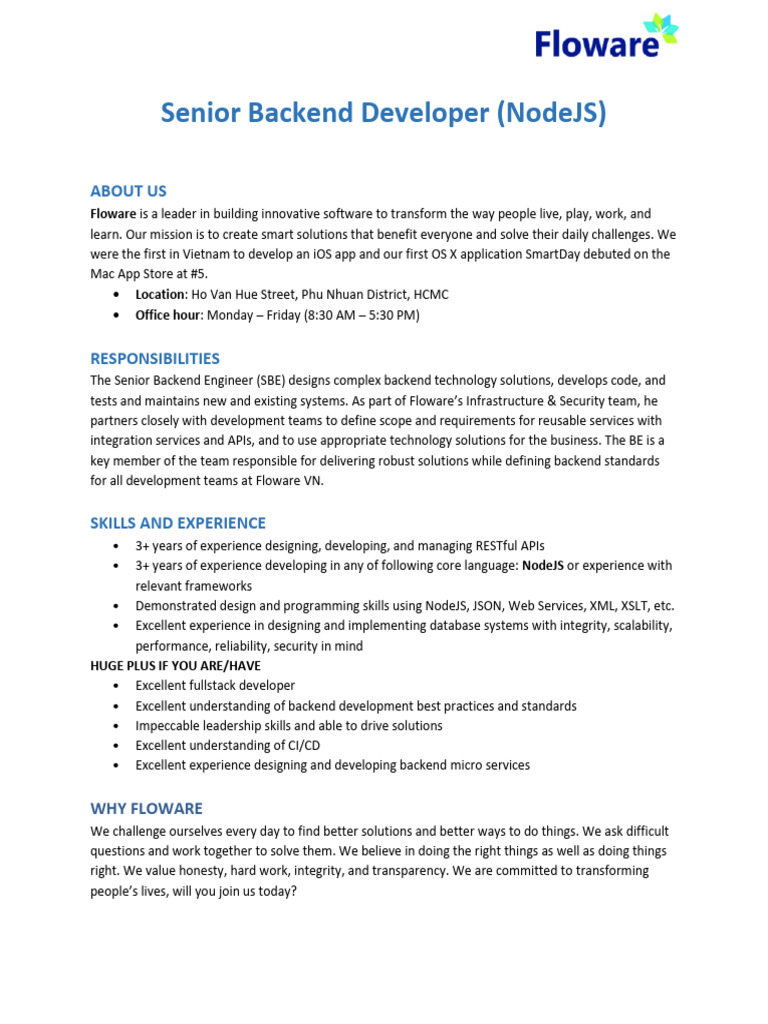 JD-Senior Backend Developer-Floware VN | PDF