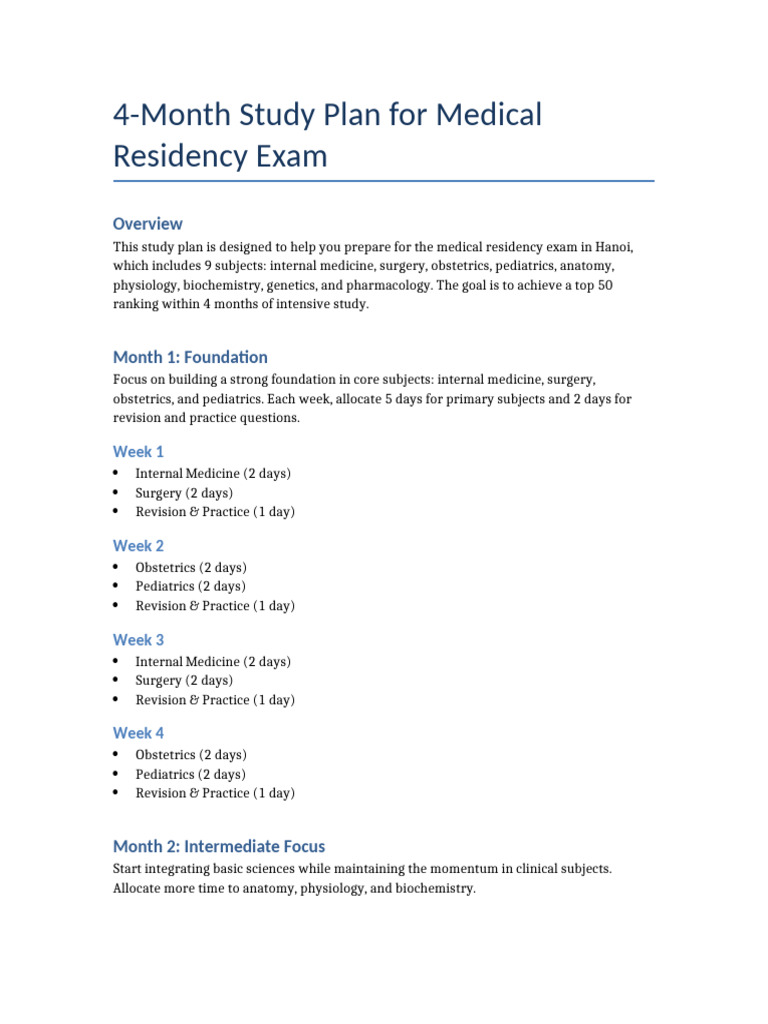 Study Plan For Medical Residency Exam | PDF