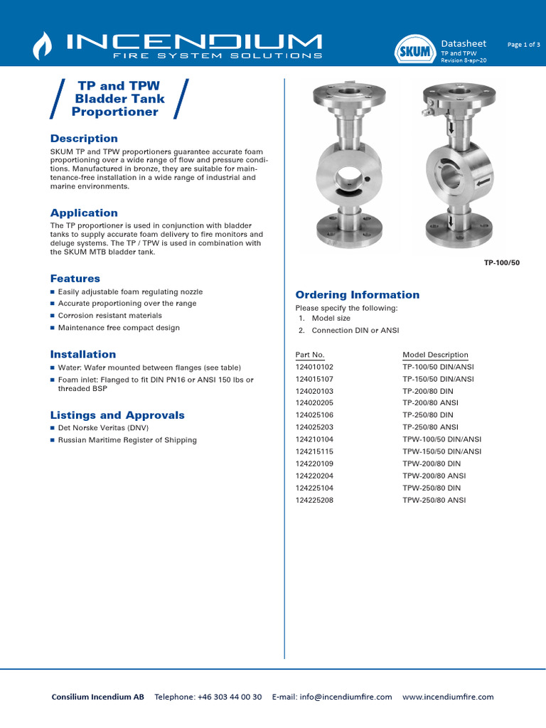 Proportioners Skuminblandare Datasheet Bladder Tank Proportioner TP TPW 29 10 2014 | PDF