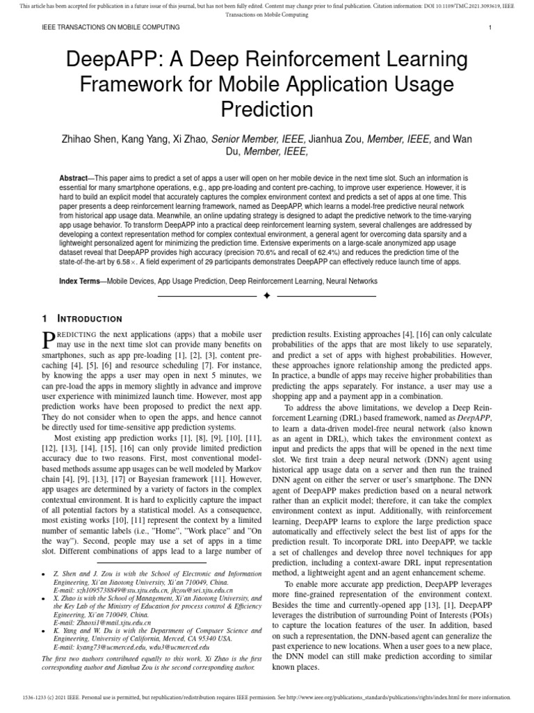 A Deep Reinforcement Learning Framework For Mobile Application Usage Prediction Pdf