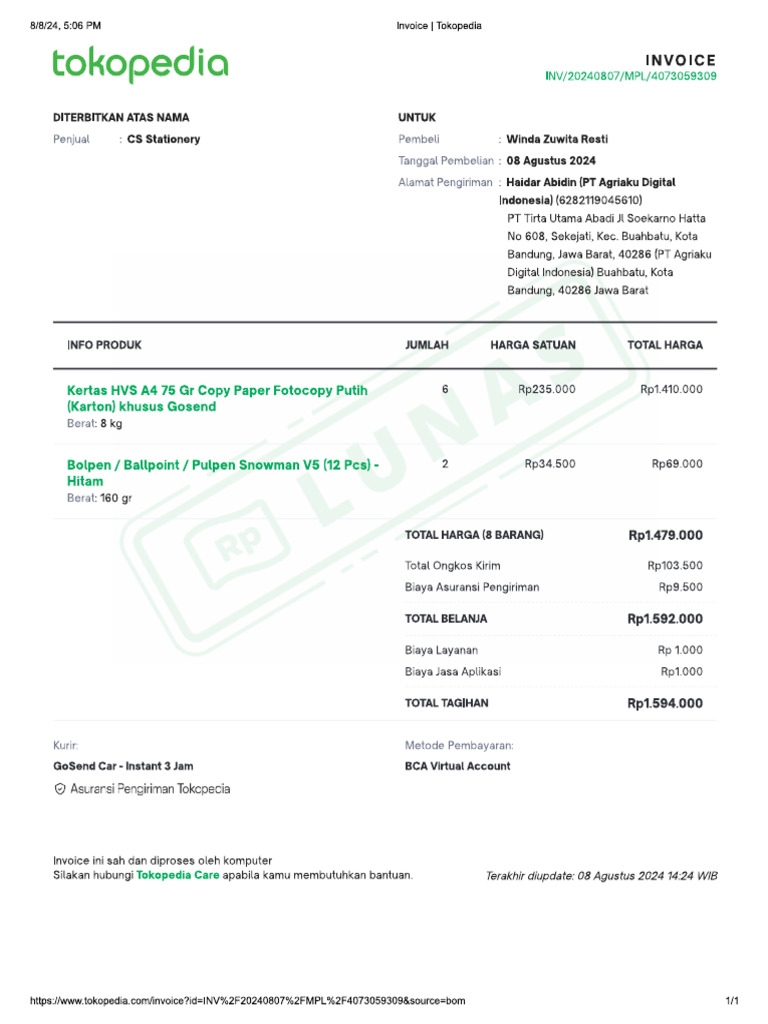 Invoice Tokopedia 1P Bandung ATK Aug 24 | PDF