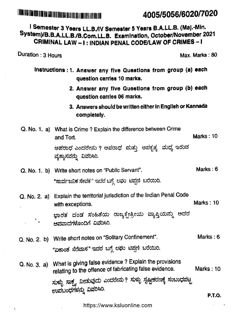 LLB 1 Sem Ballb Bballb Bcomllb 4 Sem Criminal Law 1 Indian Penal Code 4005 Nov 2021 | PDF