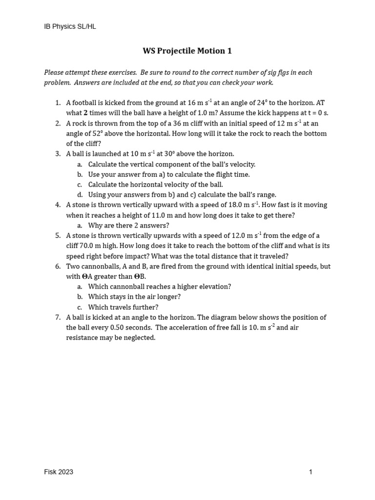 WS Projectile Motion 1 | PDF