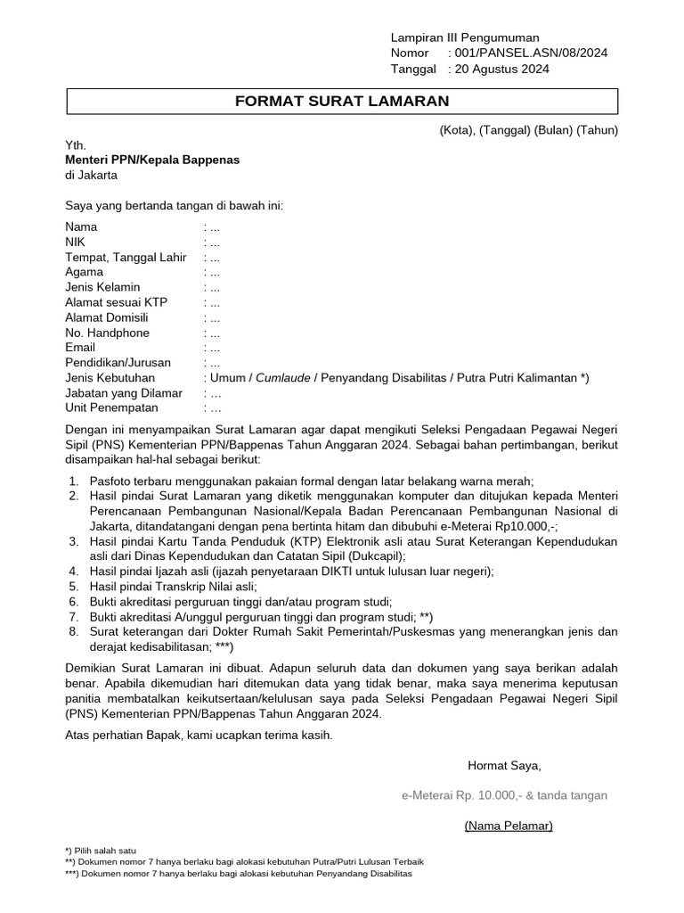 Lampiran III Format Surat Lamaran | PDF