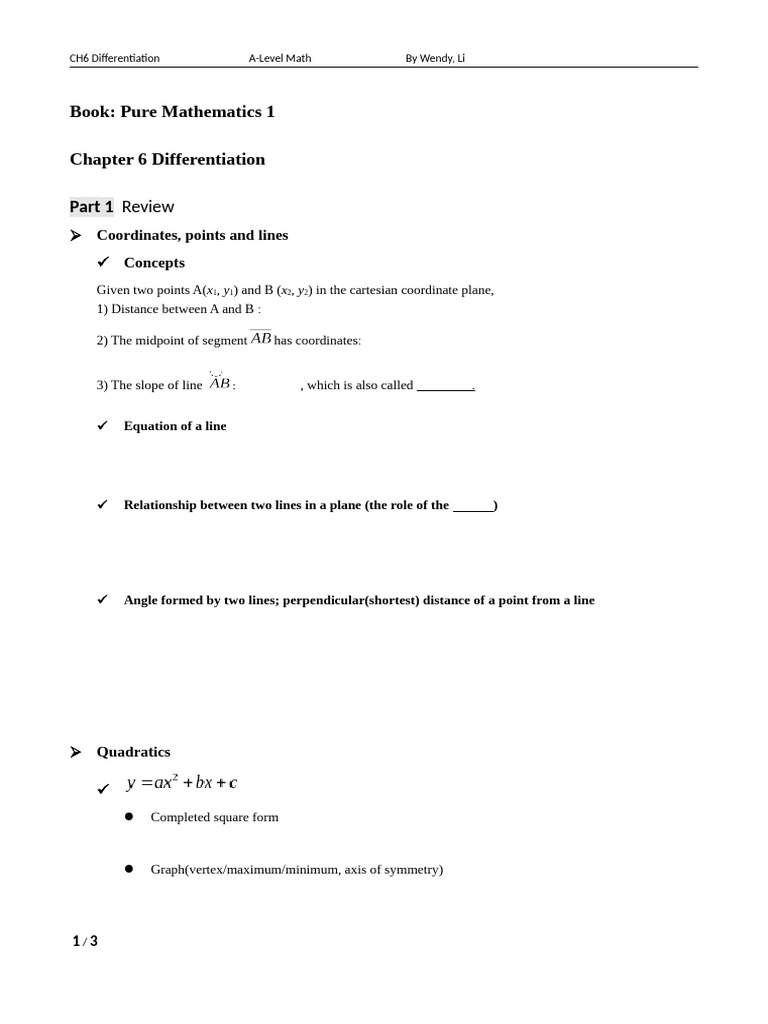 Review: Book: Pure Mathematics 1 Chapter 6 Differentiation | PDF