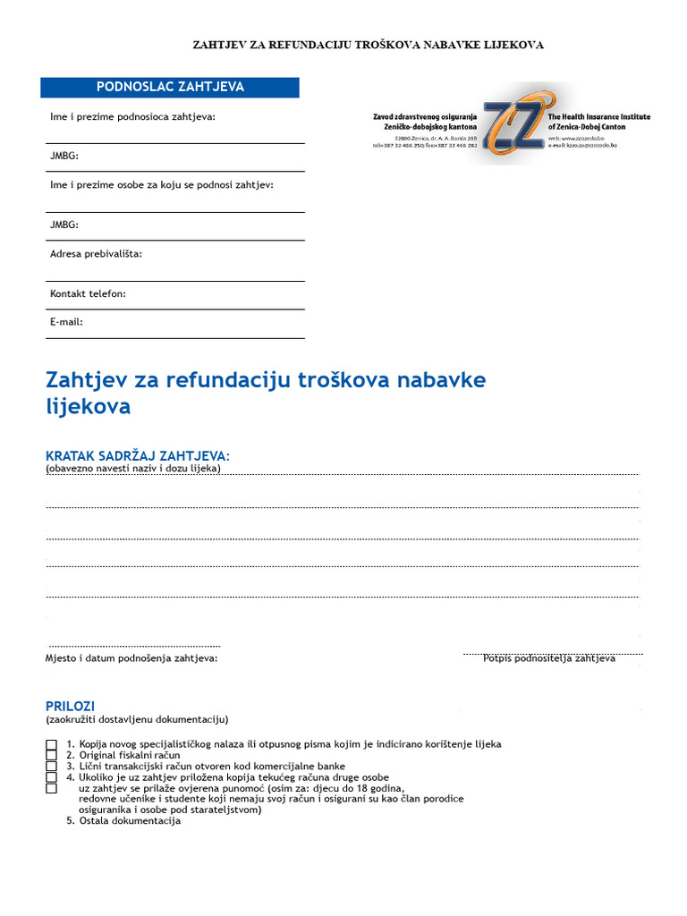 Obrazac 2 - Zahtjev-Za-Refundaciju Troskova Nabavke Lijekova | PDF