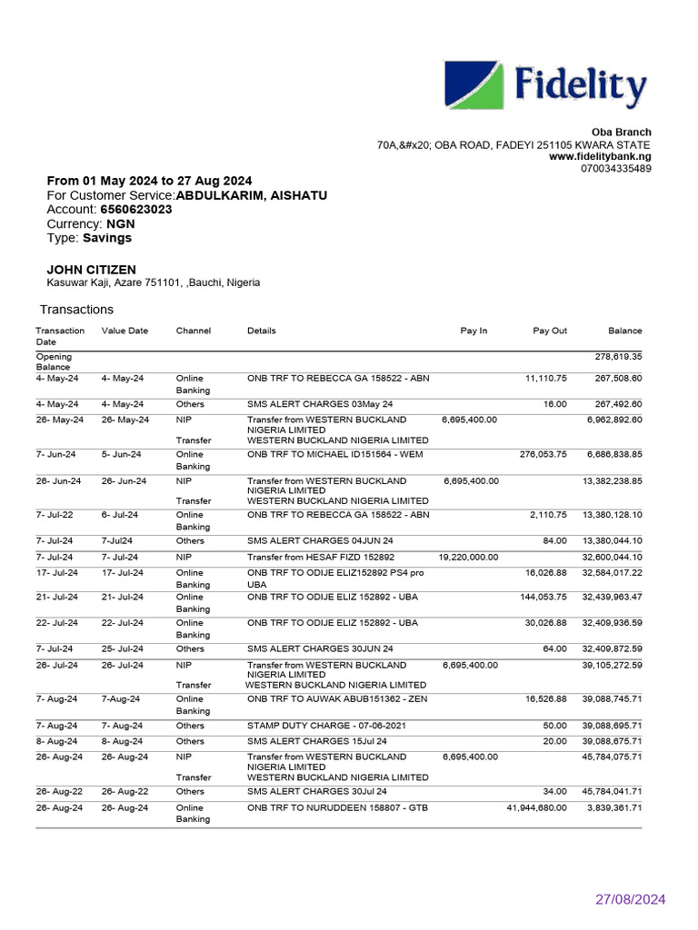 Nigeria Fidelity Bank Statement | PDF