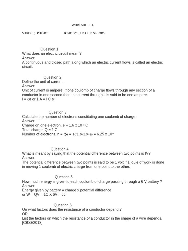 Work Sheet 2 Resistors | PDF