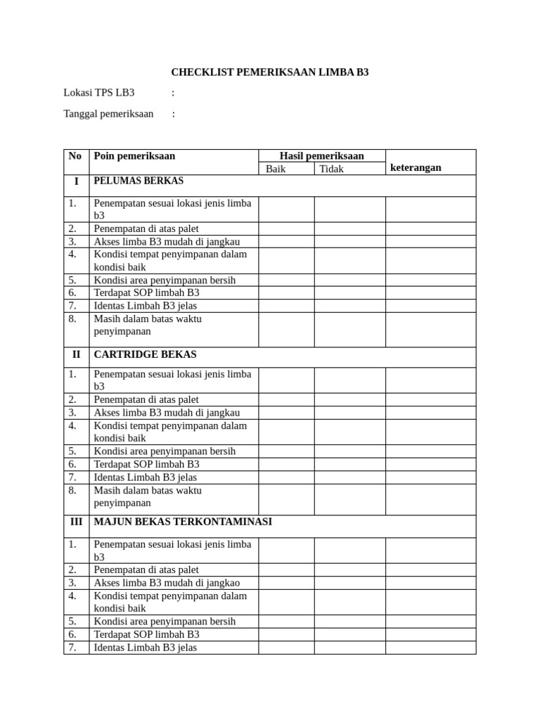 Checklist Pemeriksaan Limba B3 | PDF