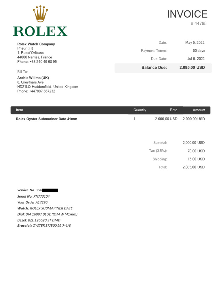 Rolex Submariner Date - Purchase Invoice (FR) | PDF