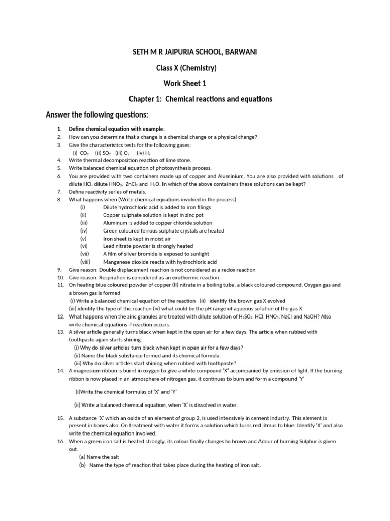 Chemistry Work Sheet 1 Class X | PDF