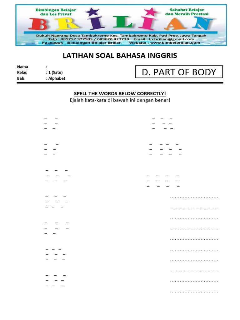 Soal Alphabet Bahasa Inggris Kelas 1 SD - Parts of Body | PDF