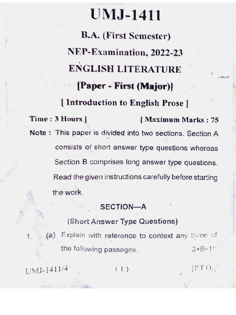 Major English Question Paper Previous Year | PDF