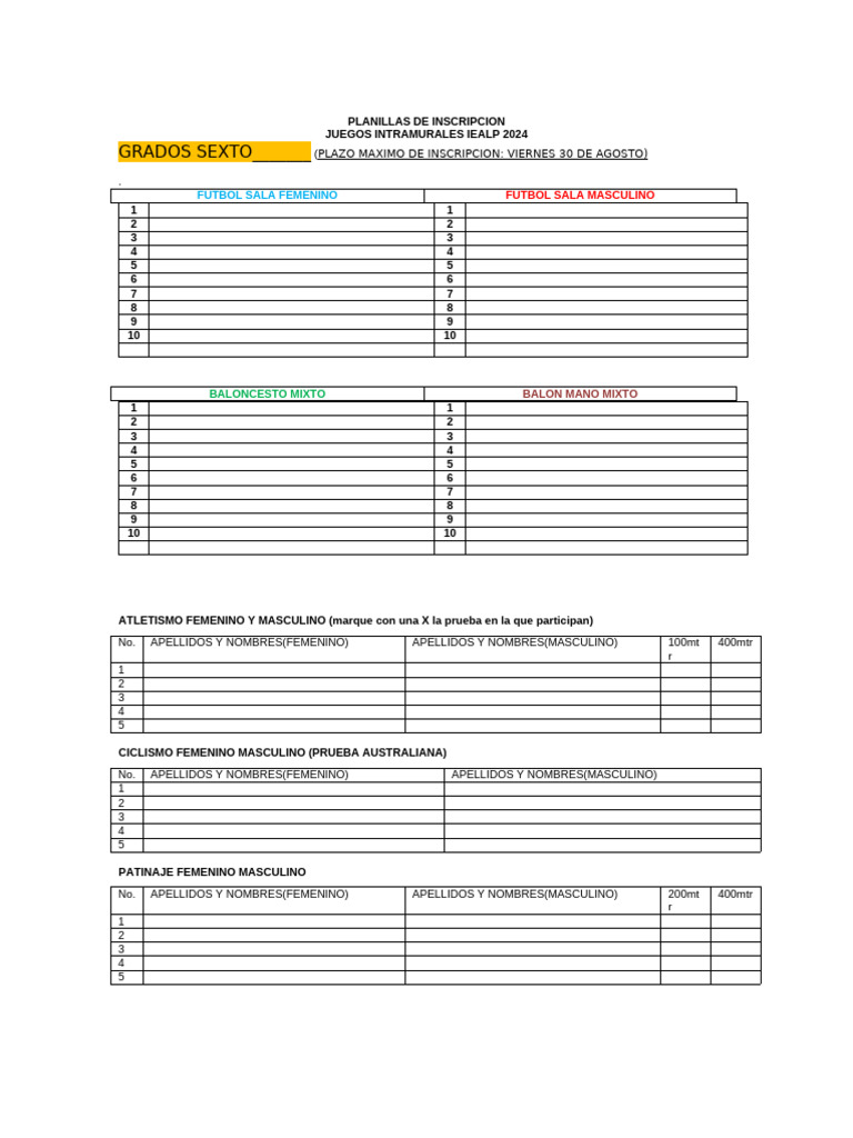 Planillas de Inscripcion Bachillerato 2024 | PDF
