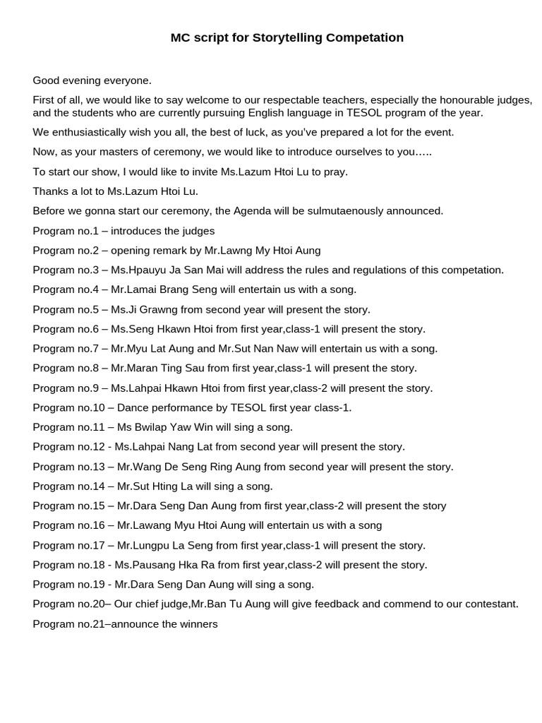 MC Script For Storytelling Competation | PDF