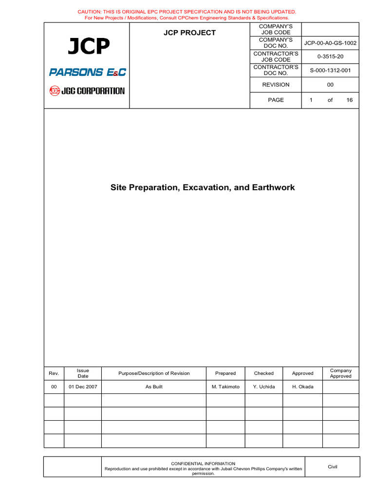 JCP-00-A0-GS-1002 Excavation, Earth Work Specification | PDF