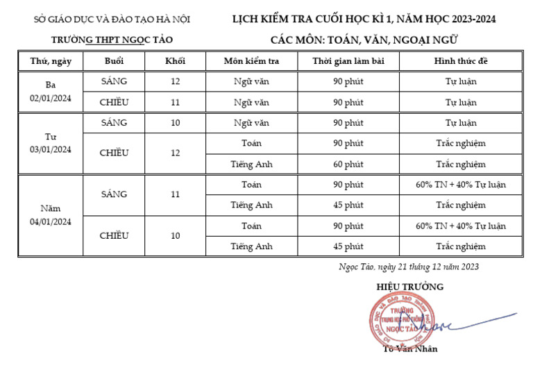 Lich Kiem Tra Cuoi Ki 1 Nam Hoc 2023-2024 | PDF
