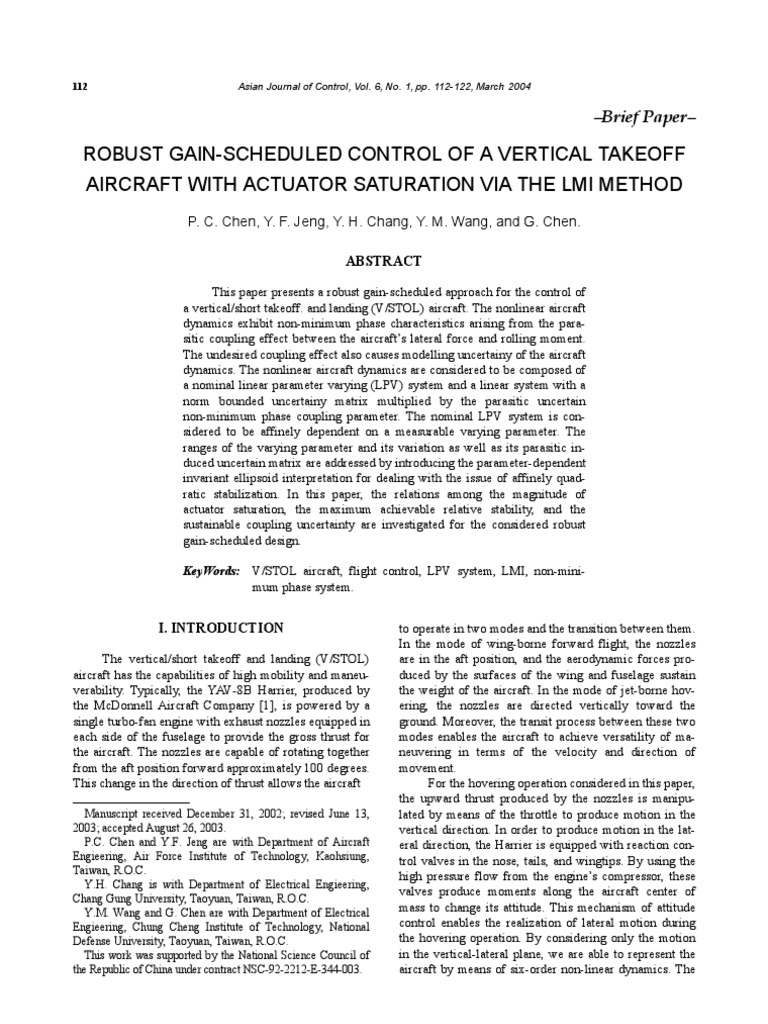 Robust Gain-Scheduled Control of A Vertical Takeoff Aircraft With Actuator Saturation Via The ...