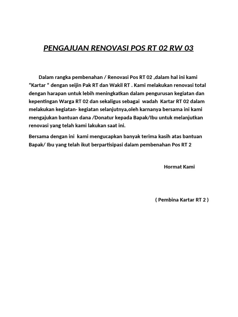 Pengajuan Renovasi Pos RT 2 Rw3 | PDF