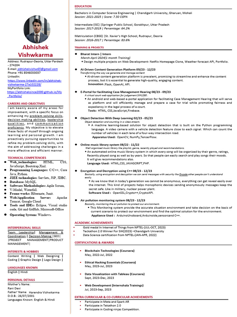 21BCS1463 - Abhishek's Resume.1 | PDF