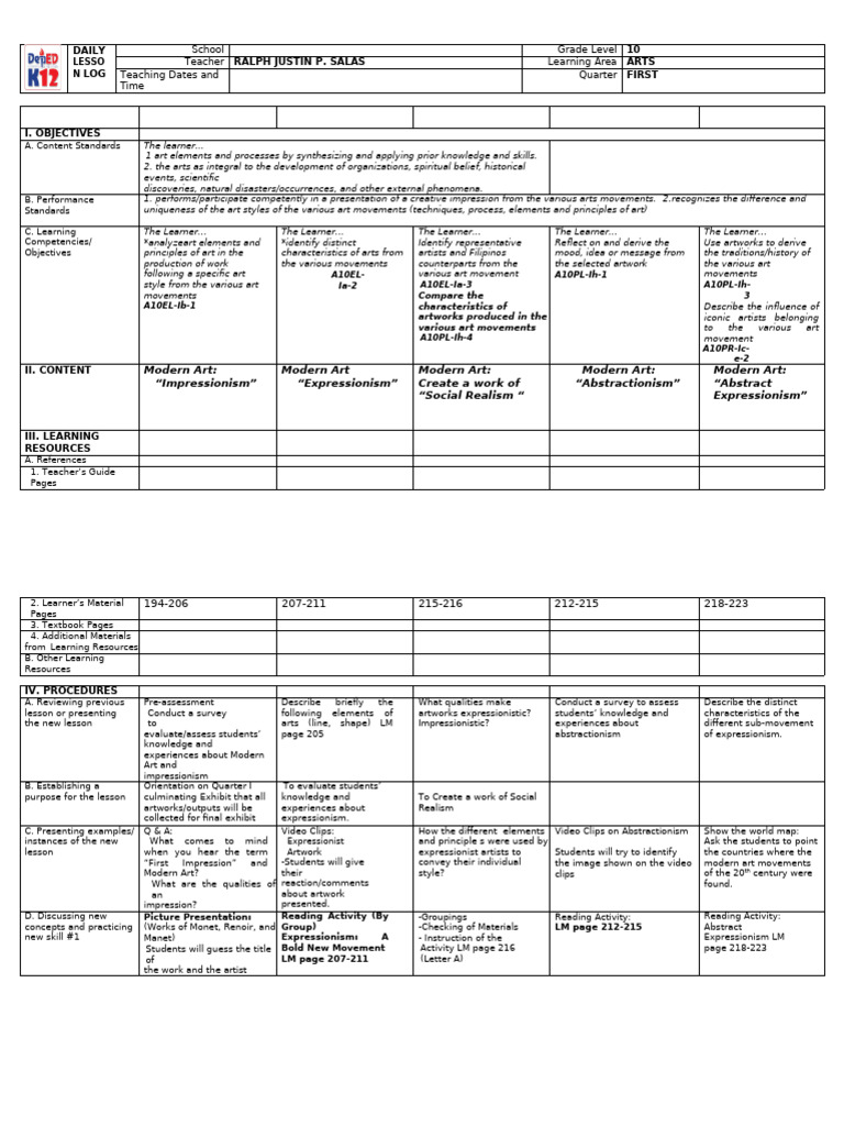 DLL Mapeh Grade10 Quarter1 Arts | PDF