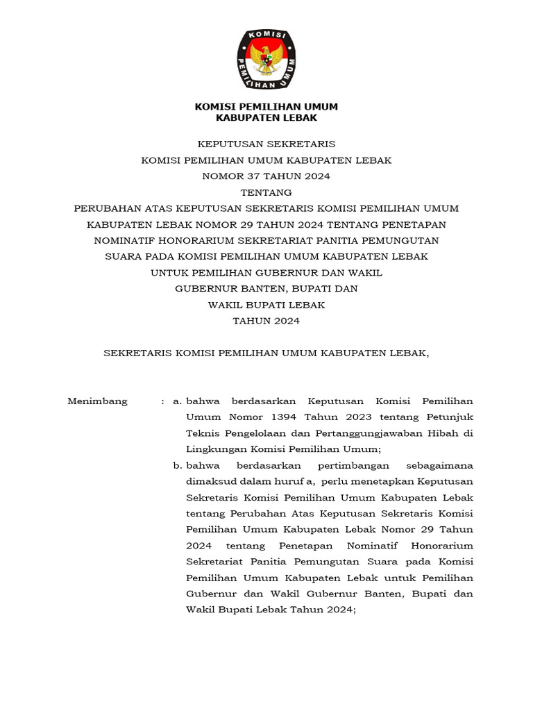 SKS 2024 37 Perubahan Honorarium Sekret PPS | PDF | Griya & Taman