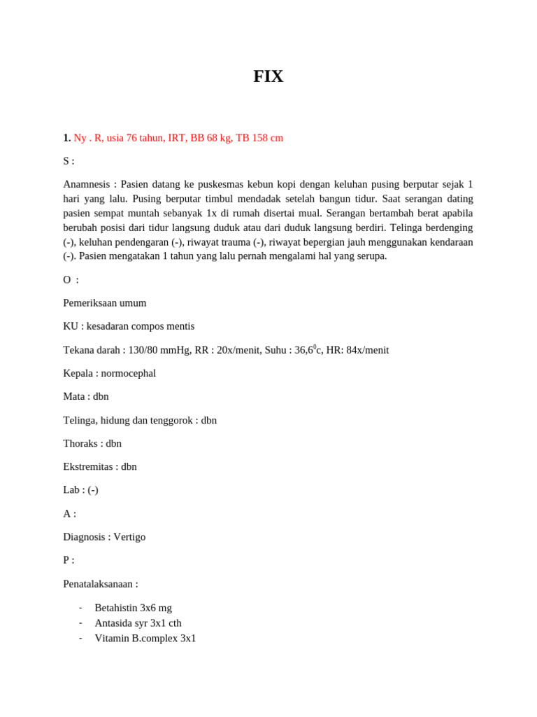 Ny - R, Usia 76 Tahun, IRT, BB 68 KG, TB 158 CM | PDF